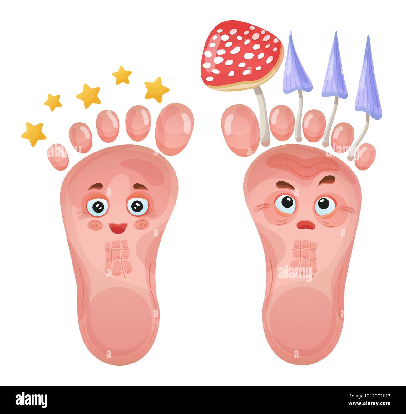 Healthy and problem foot characters. Skin or nail fungus. Pair of funny ...