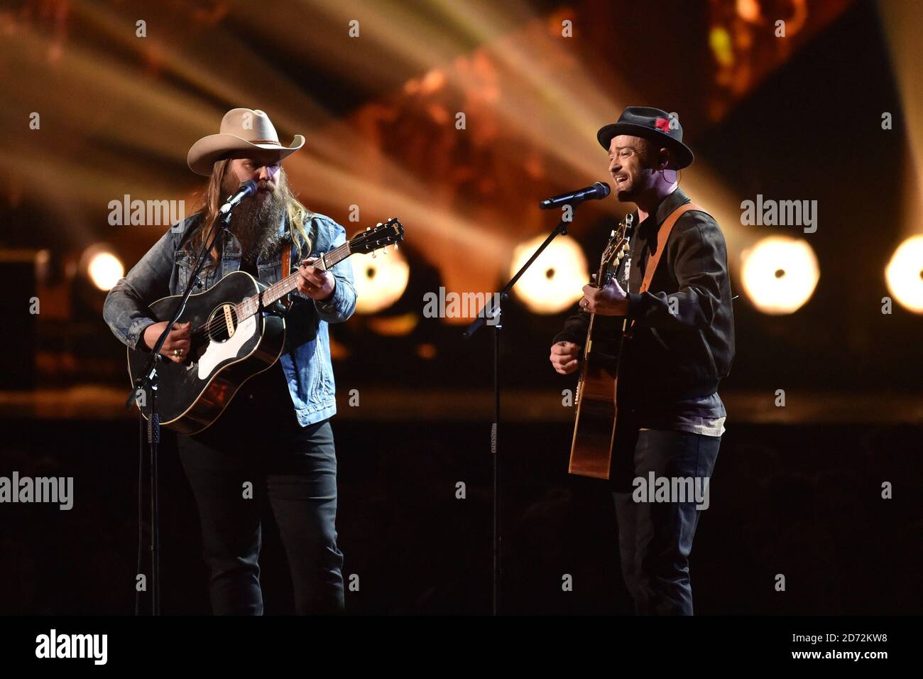 EDITORIAL USE ONLY. Chris Stapleton and Justin Timberlake perform on ...
