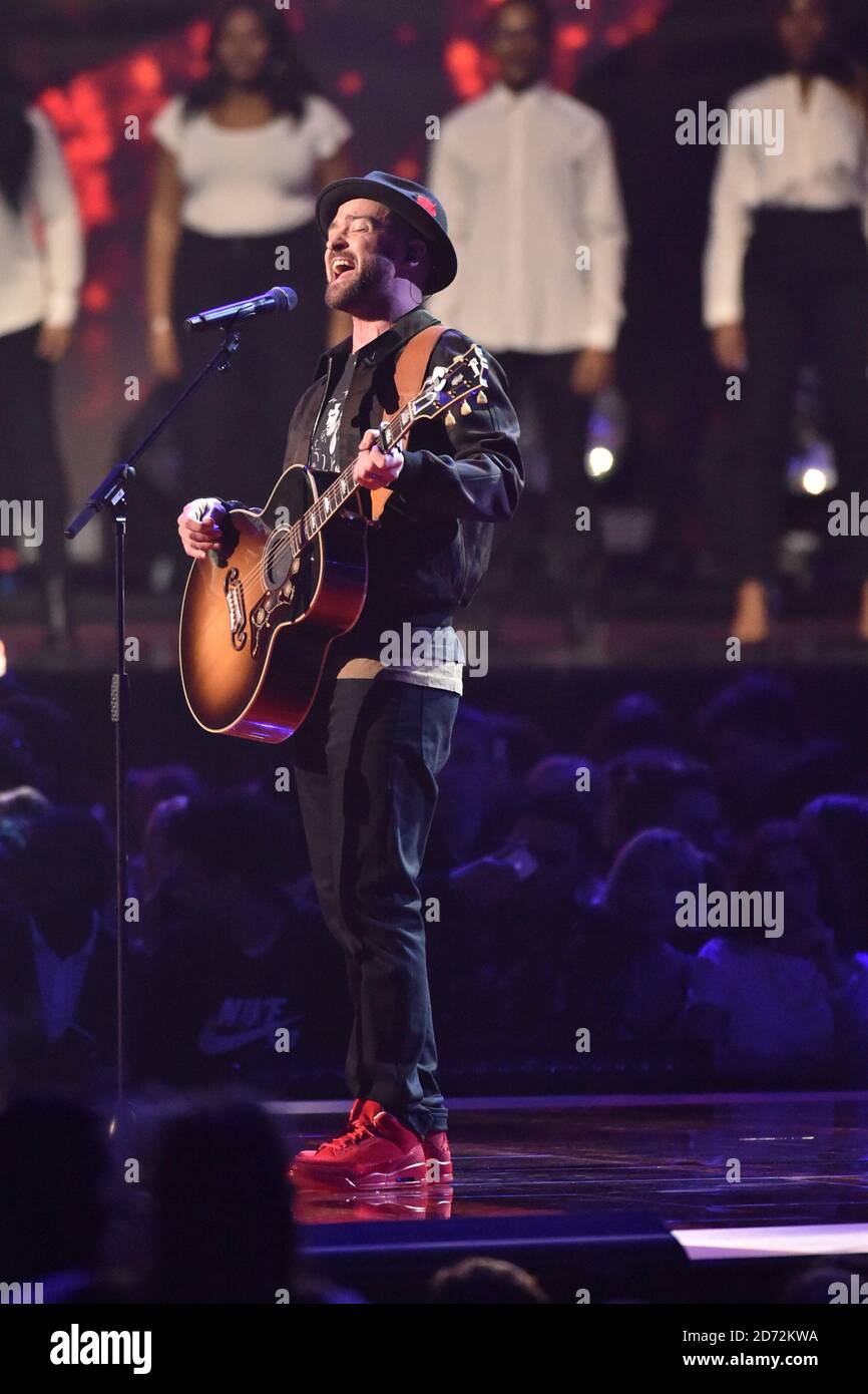 EDITORIAL USE ONLY. Justin Timberlake performs on stage at the Brit ...