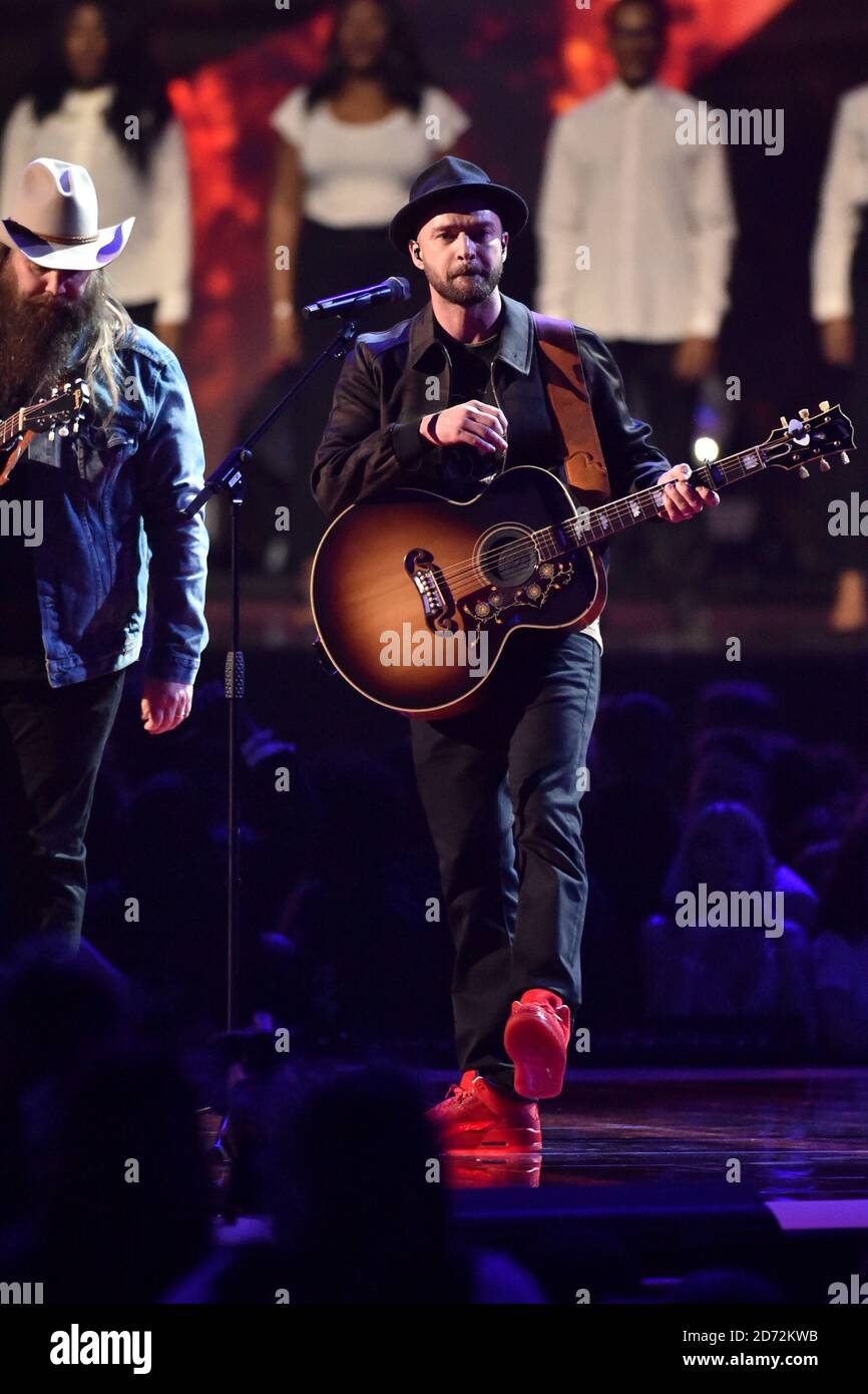 EDITORIAL USE ONLY. Justin Timberlake performs on stage at the Brit ...