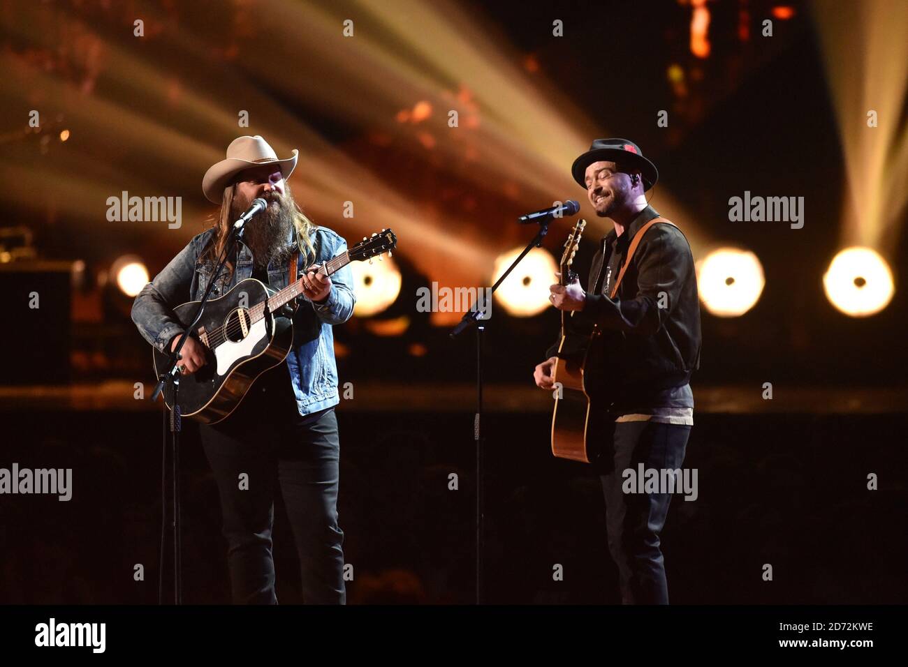 EDITORIAL USE ONLY. Chris Stapleton and Justin Timberlake perform on ...