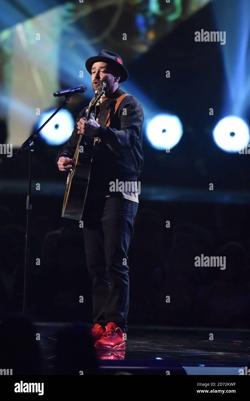 EDITORIAL USE ONLY. Justin Timberlake performs on stage at the Brit ...