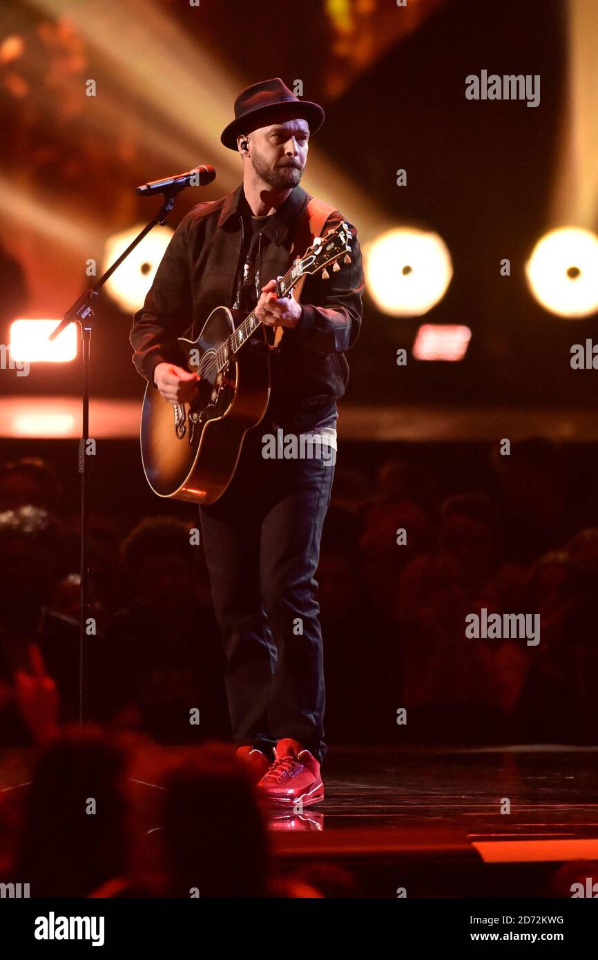 EDITORIAL USE ONLY. Justin Timberlake performs on stage at the Brit ...