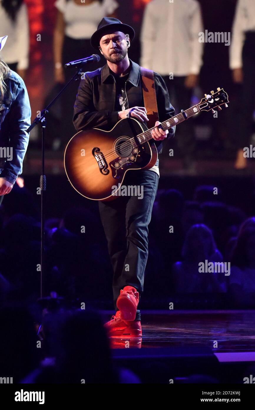 EDITORIAL USE ONLY. Justin Timberlake performs on stage at the Brit ...