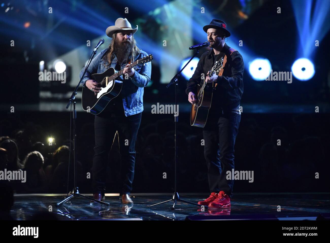 EDITORIAL USE ONLY. Chris Stapleton and Justin Timberlake perform on ...