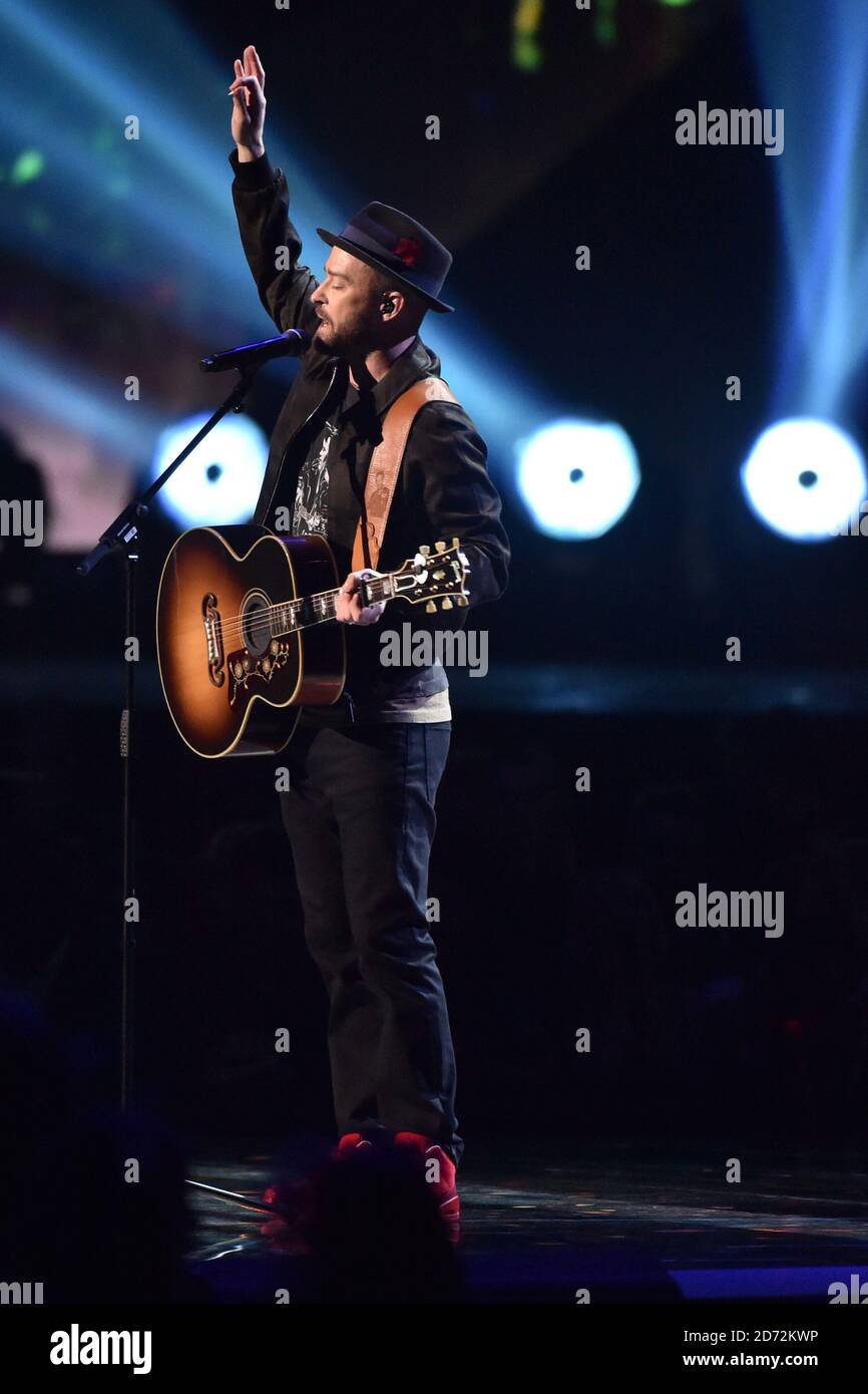 EDITORIAL USE ONLY. Justin Timberlake performs on stage at the Brit ...