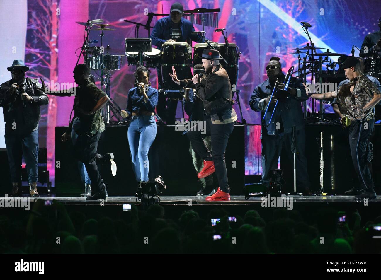 EDITORIAL USE ONLY. Justin Timberlake performs on stage at the Brit ...