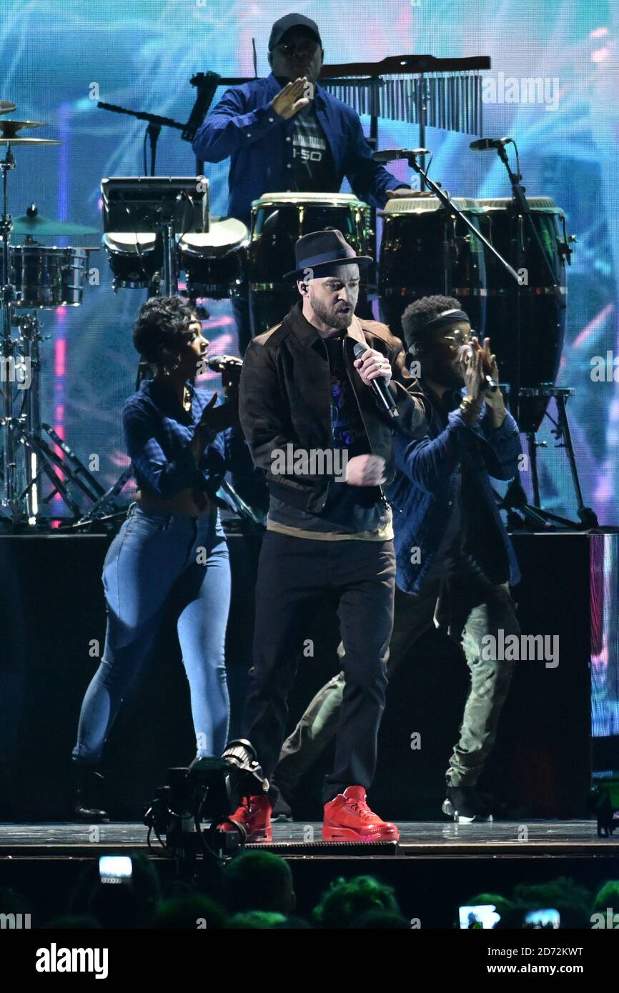 EDITORIAL USE ONLY. Justin Timberlake performs on stage at the Brit ...