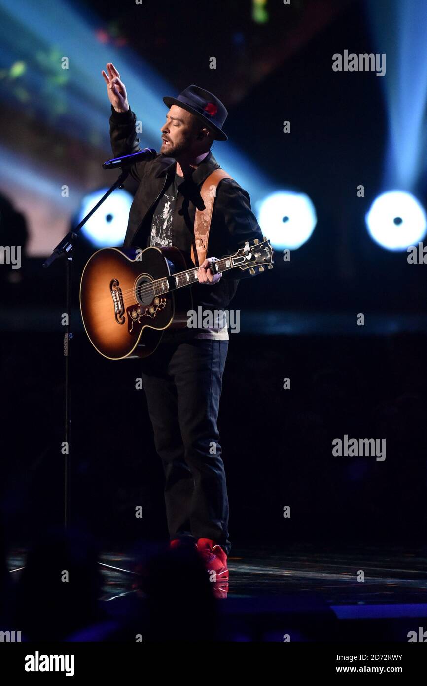 EDITORIAL USE ONLY. Justin Timberlake performs on stage at the Brit ...