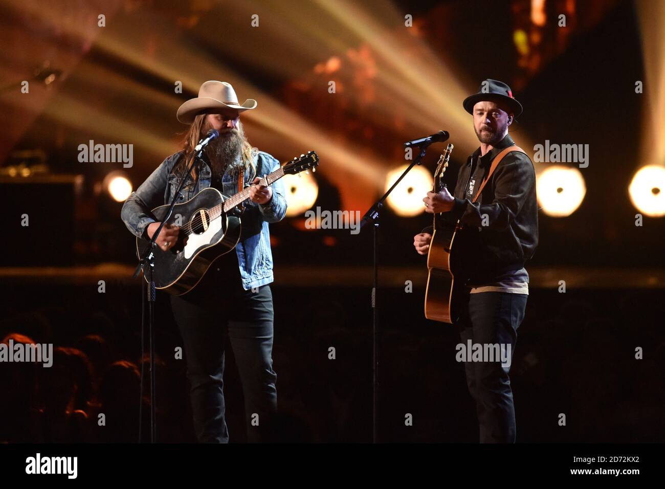 EDITORIAL USE ONLY. Chris Stapleton and Justin Timberlake perform on ...