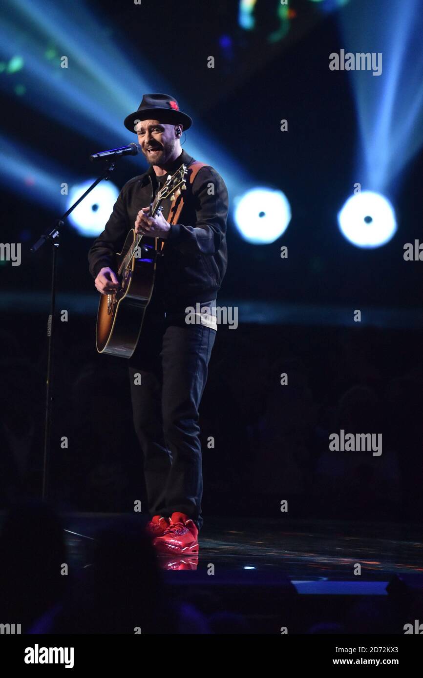 EDITORIAL USE ONLY. Justin Timberlake performs on stage at the Brit ...
