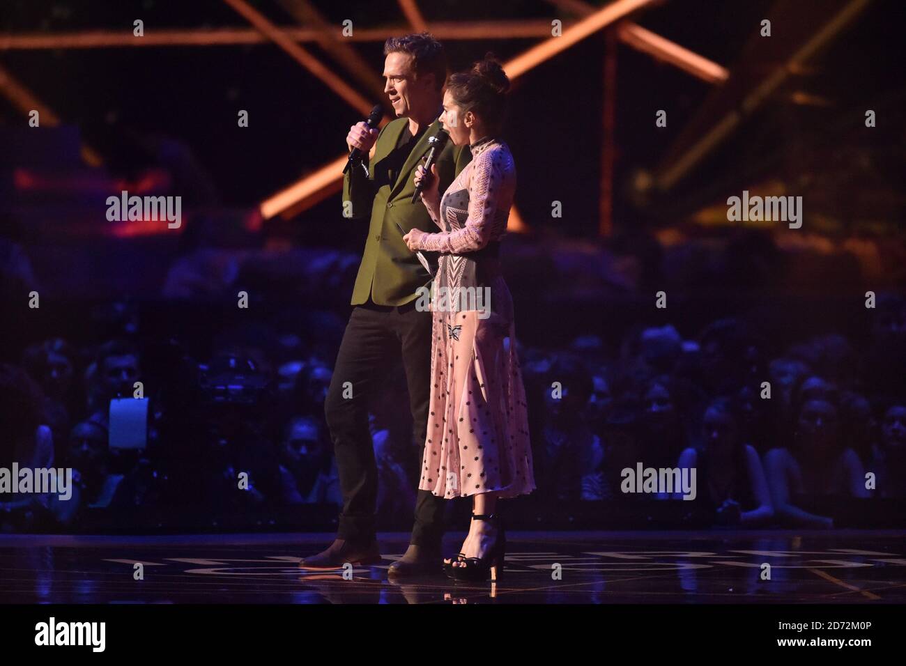 EDITORIAL USE ONLY. Damian Lewis and Anna Friel on stage at the Brit ...