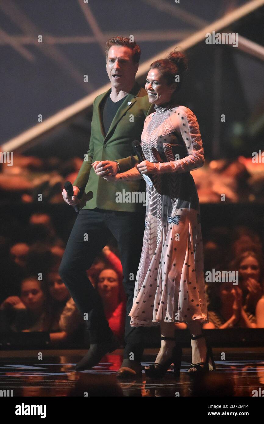 EDITORIAL USE ONLY. Damian Lewis and Anna Friel on stage at the Brit ...