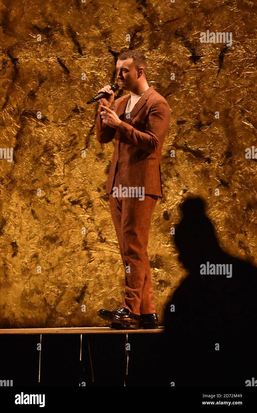 EDITORIAL USE ONLY. Sam Smith performs on stage at the Brit Awards at ...