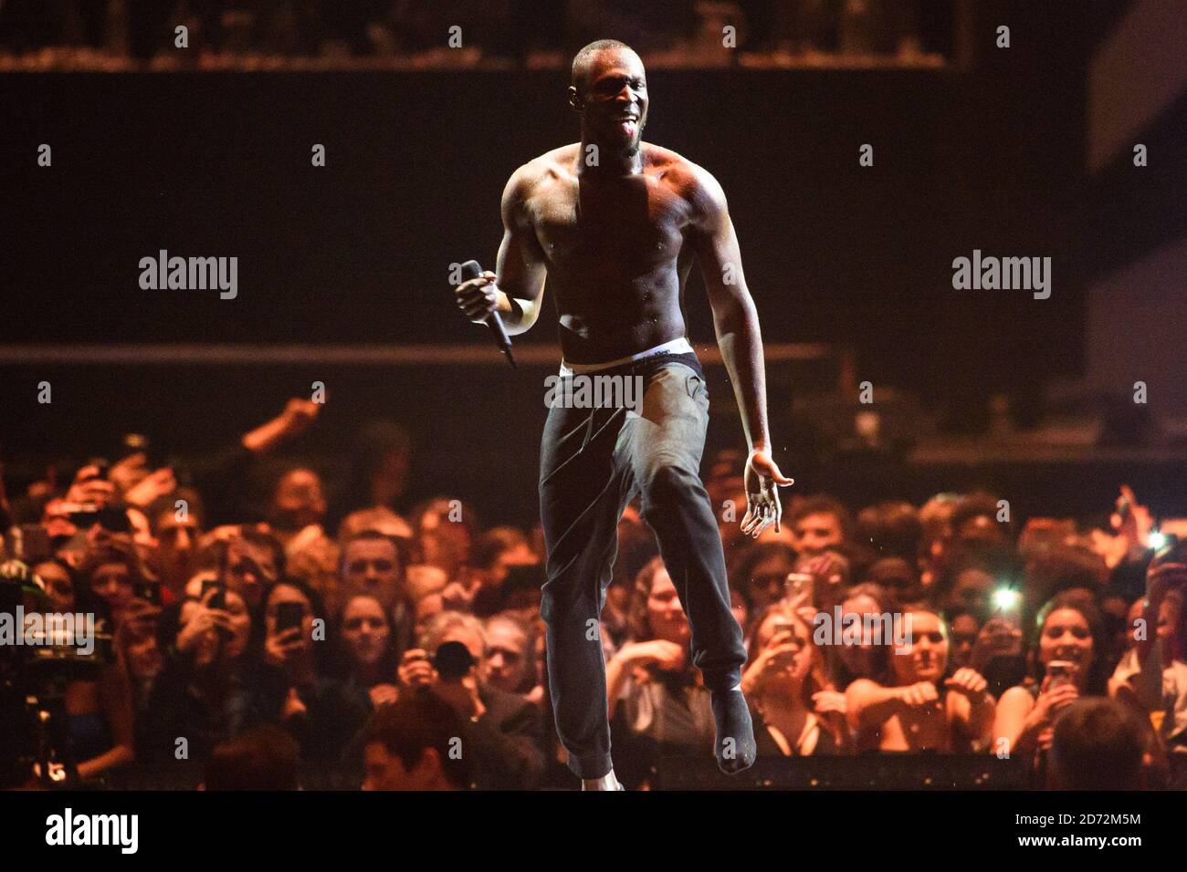 EDITORIAL USE ONLY. Stormzy performs on stage at the Brit Awards at the ...