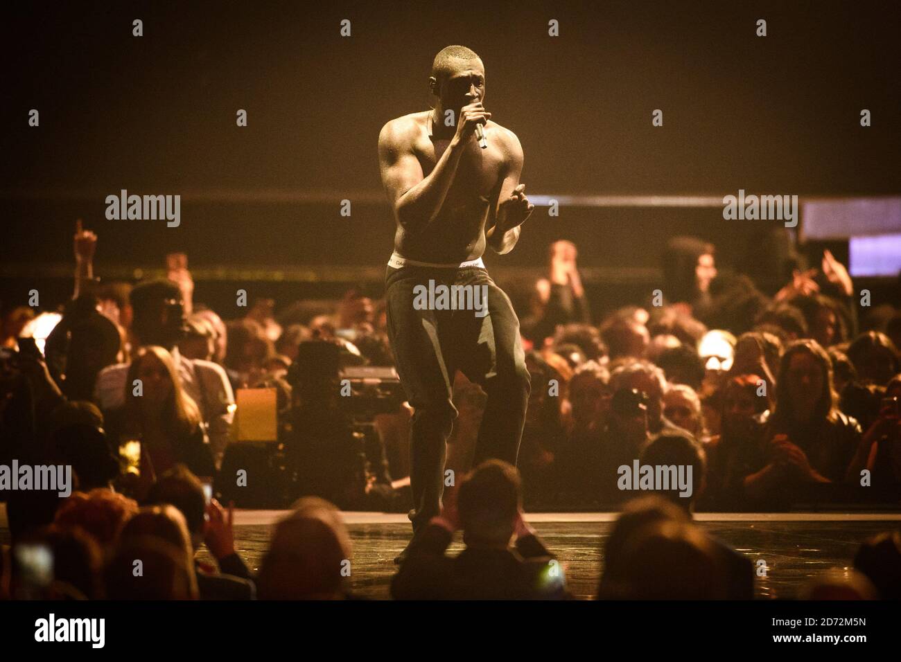 EDITORIAL USE ONLY. Stormzy performs on stage at the Brit Awards at the ...