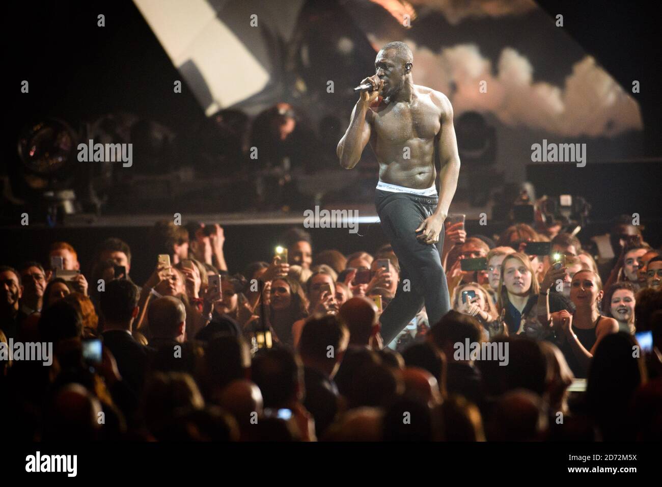 EDITORIAL USE ONLY. Stormzy performs on stage at the Brit Awards at the ...
