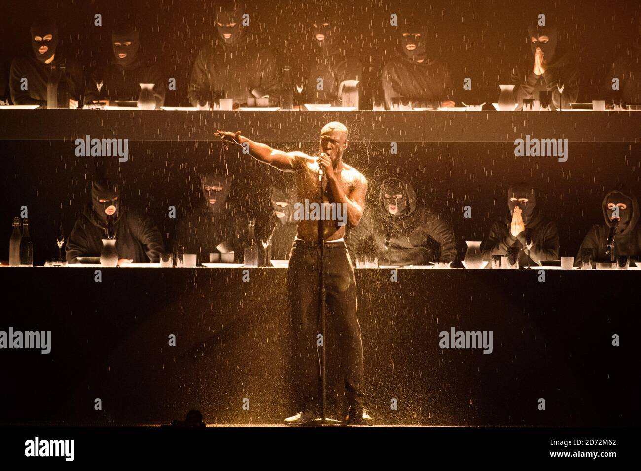 EDITORIAL USE ONLY. Stormzy performs on stage at the Brit Awards at the ...