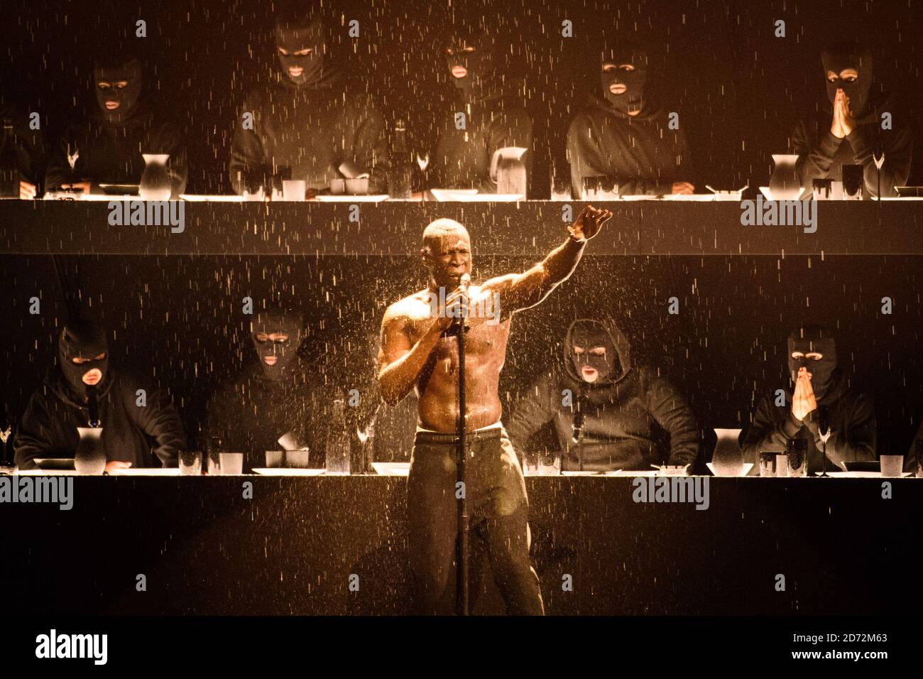 EDITORIAL USE ONLY. Stormzy performs on stage at the Brit Awards at the ...