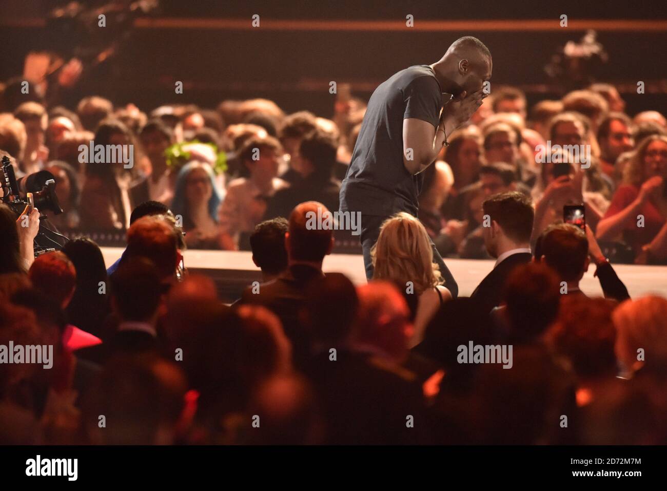 EDITORIAL USE ONLY. Stormzy heads to the stage as he wins Best British ...
