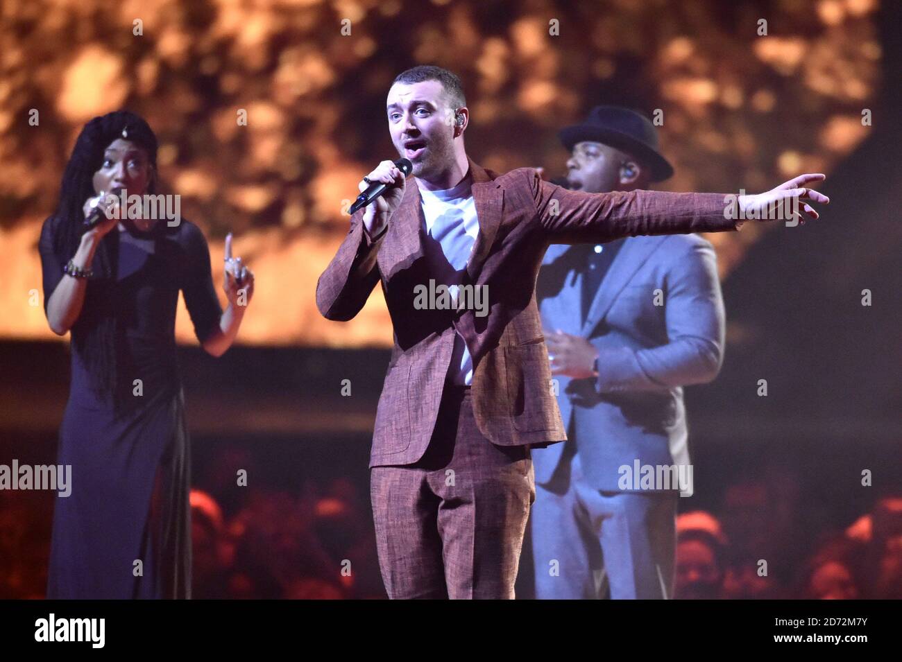 EDITORIAL USE ONLY. Sam Smith performs on stage at the Brit Awards at ...