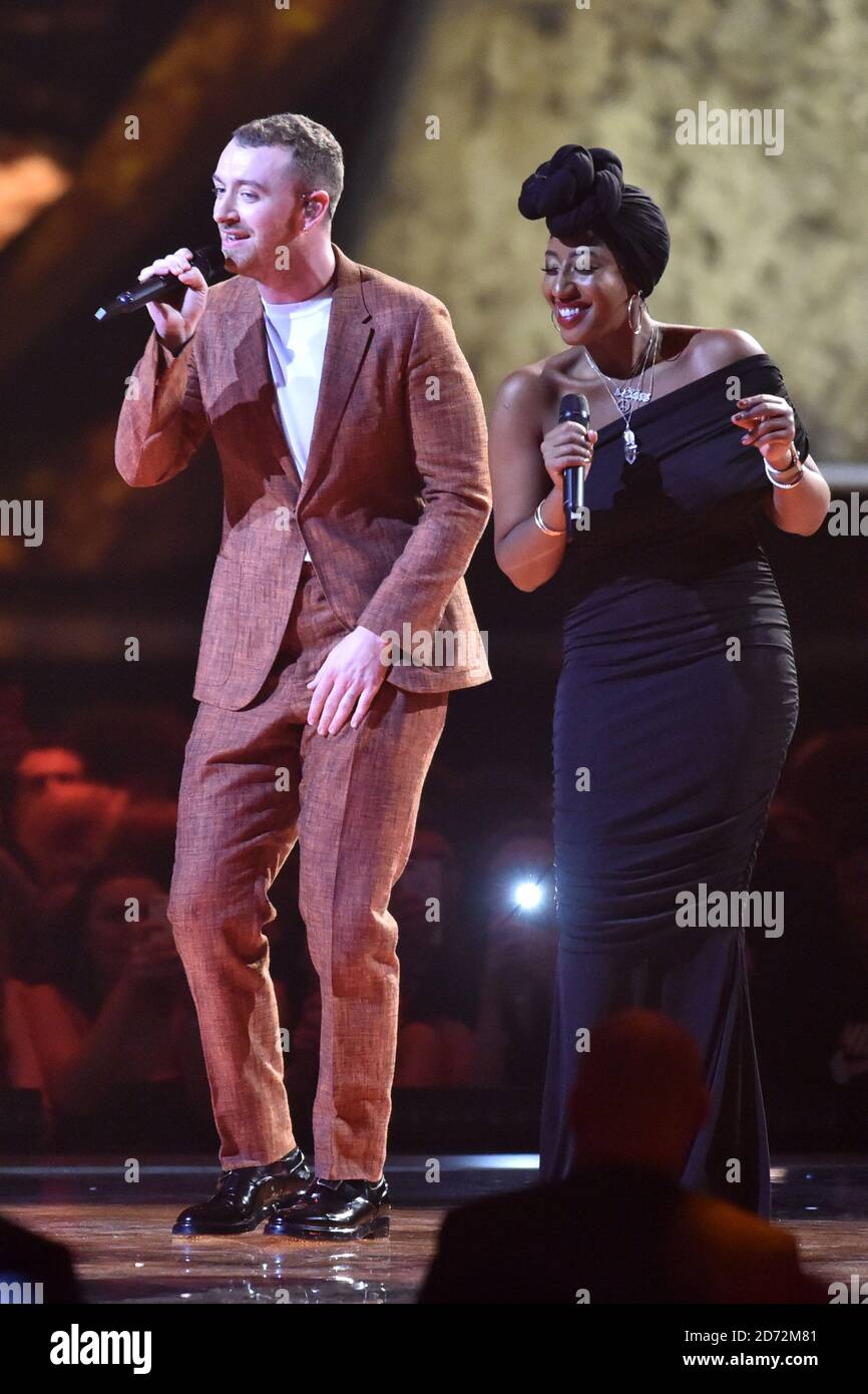 EDITORIAL USE ONLY. Sam Smith performs on stage at the Brit Awards at ...