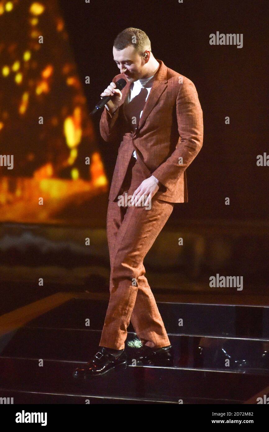 EDITORIAL USE ONLY. Sam Smith performs on stage at the Brit Awards at ...