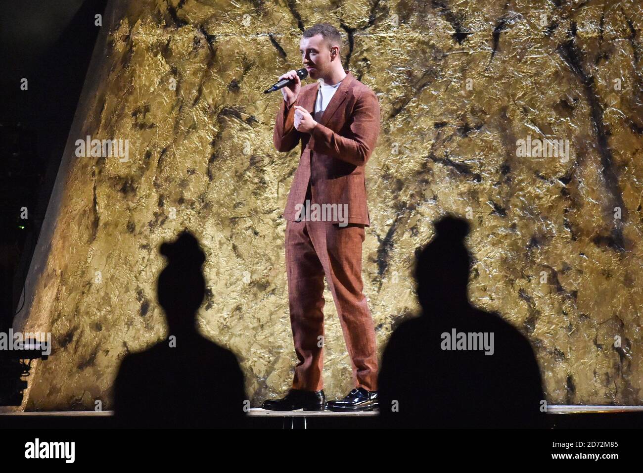 EDITORIAL USE ONLY. Sam Smith performs on stage at the Brit Awards at ...