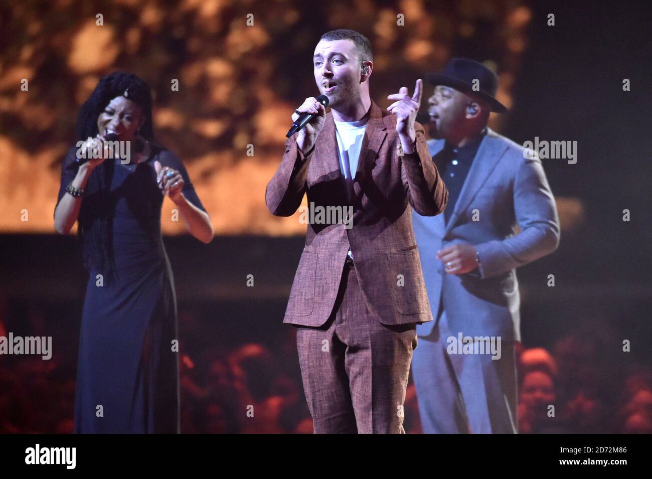 EDITORIAL USE ONLY. Sam Smith performs on stage at the Brit Awards at ...