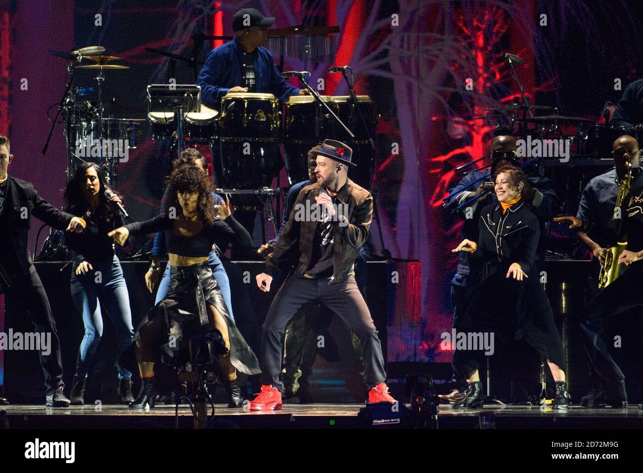 EDITORIAL USE ONLY. Justin Timberlake performing on stage at the Brit ...