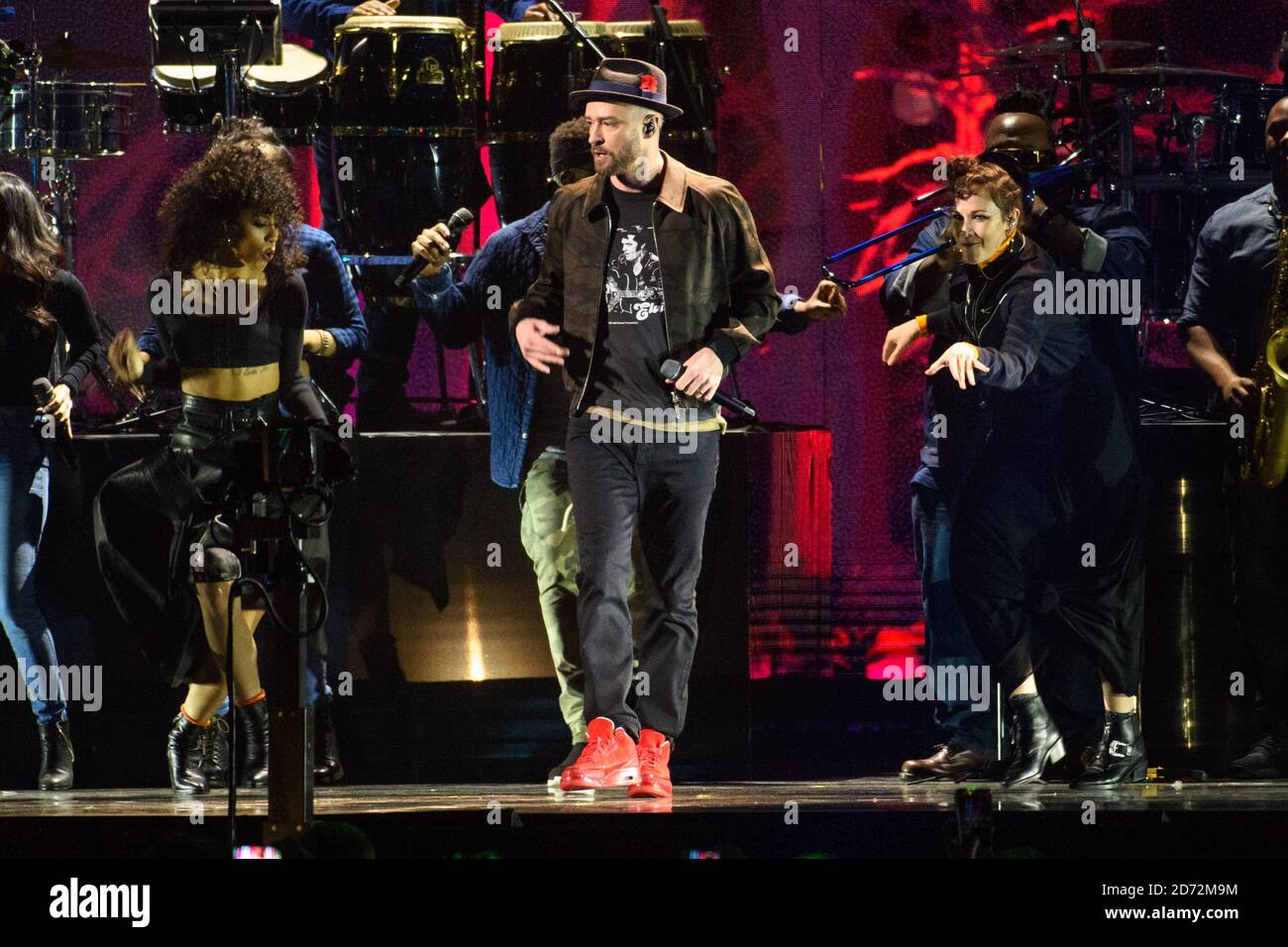 EDITORIAL USE ONLY. Justin Timberlake performing on stage at the Brit ...