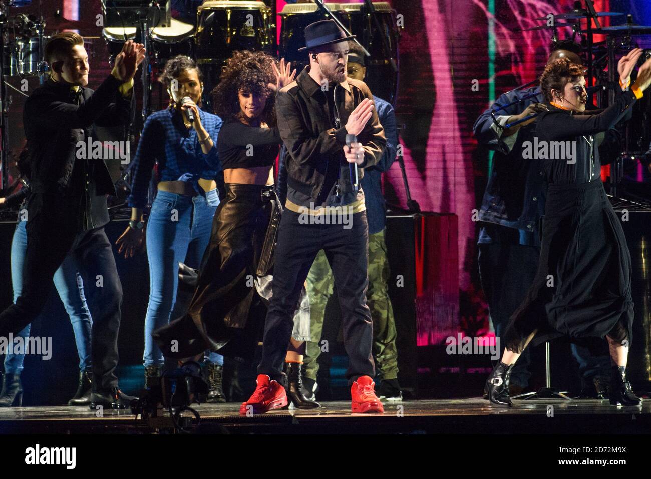 EDITORIAL USE ONLY. Justin Timberlake performing on stage at the Brit ...
