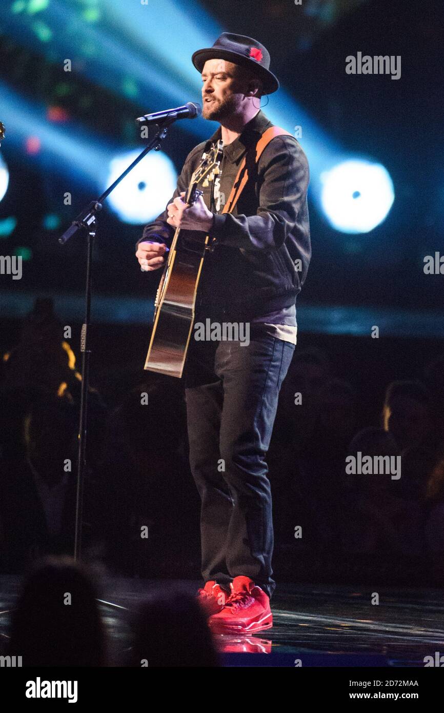 EDITORIAL USE ONLY. Justin Timberlake performing on stage at the Brit ...