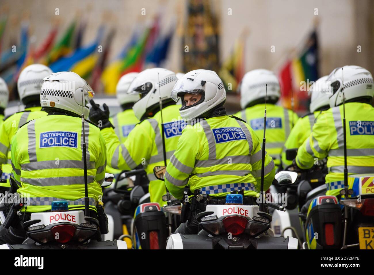 Police outriders outside the Commonwealth Service at Westminster Abbey ...