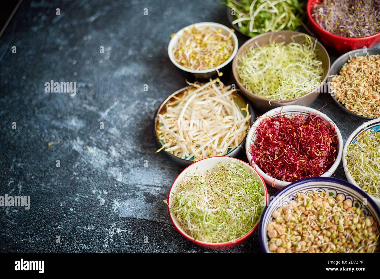Top view of various kinds microgreens sprouts in colorful bowls. Shoots ...