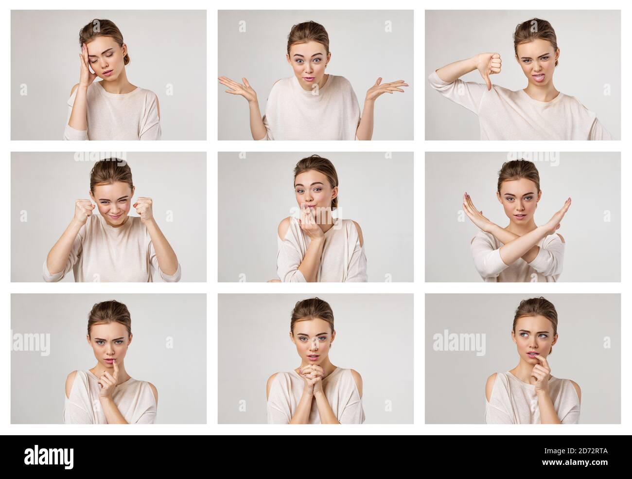 collage of portraits of young beautiful woman with different emotions ...