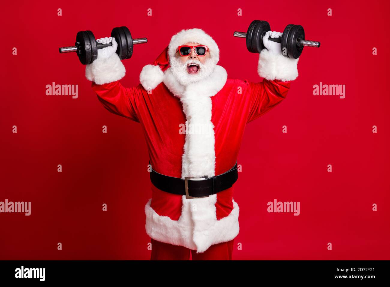 Photo of pensioner old mad man white beard lift dumbbells open mouth ...