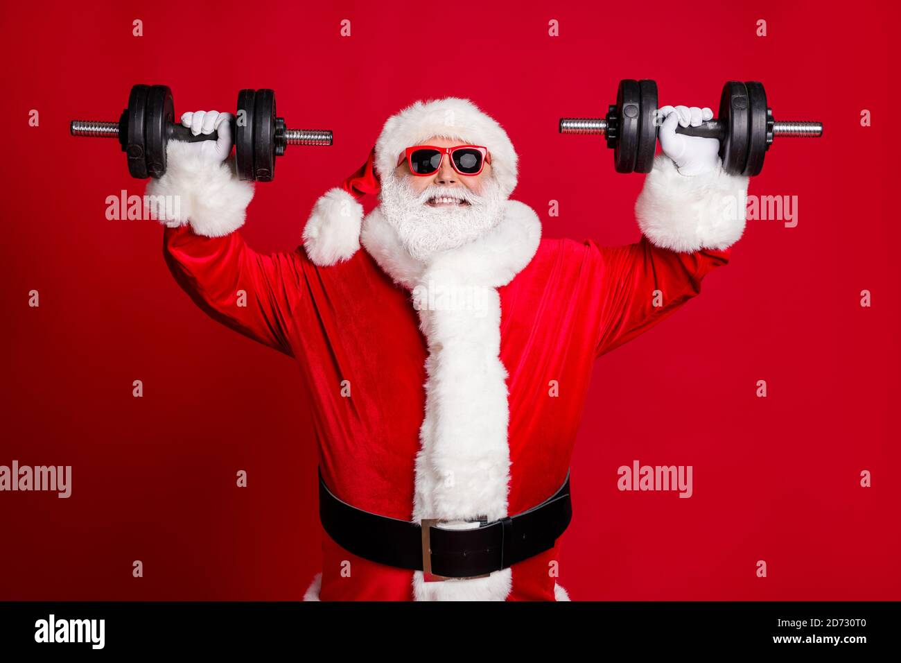 Photo of pensioner old man white beard lift heavy dumbbells smiling ...