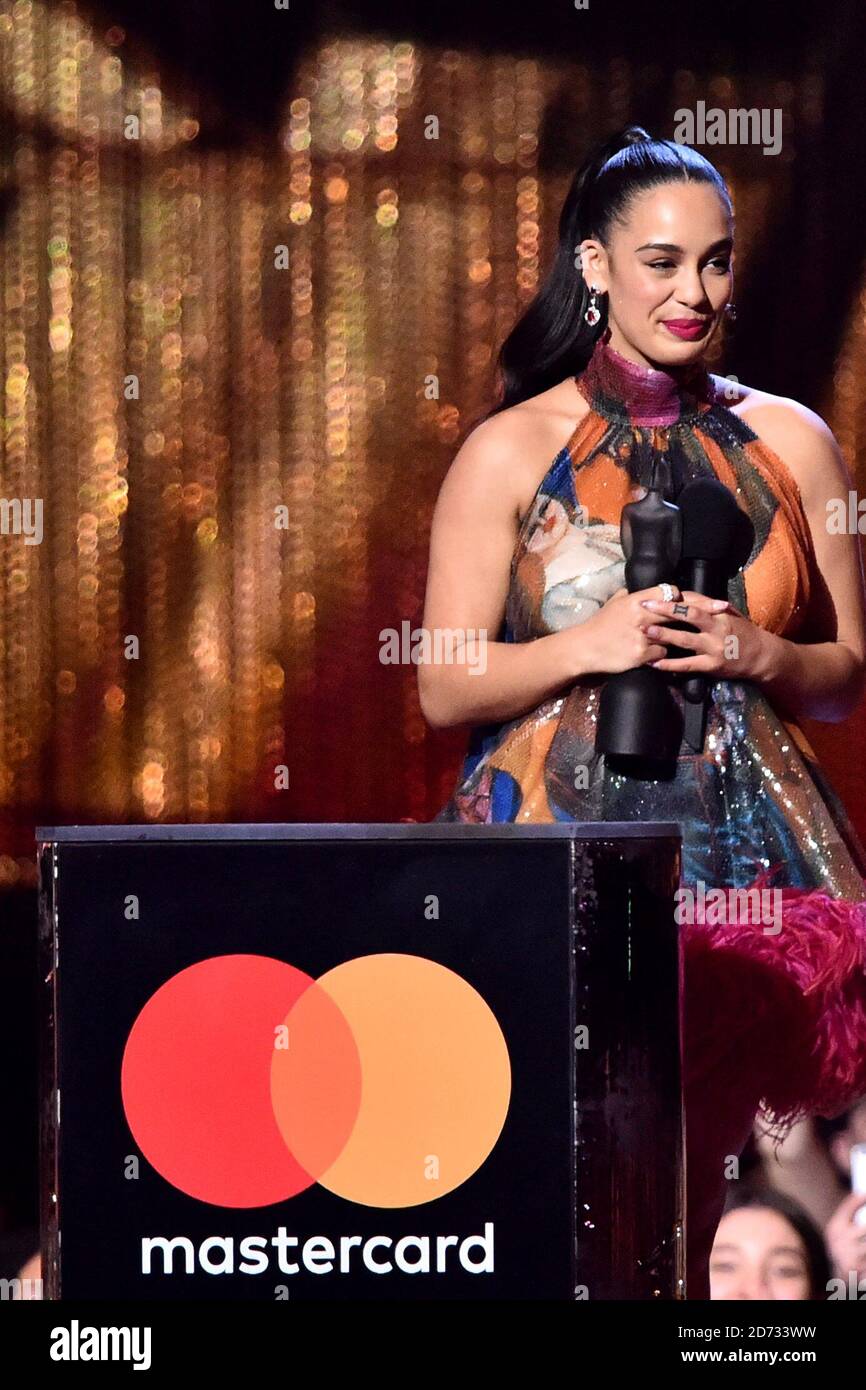 Jorja Smith with the Brit Award for Best British Female on stage at the Brit Awards 2019 at the ...