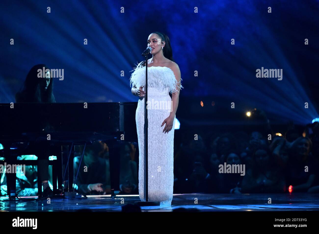 Jorja Smith on stage at the Brit Awards 2019 at the O2 Arena, London. Photo credit should read ...