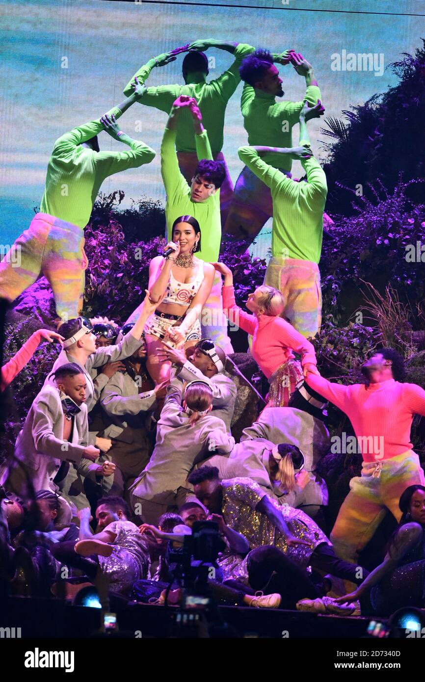 Dua Lipa on stage at the Brit Awards 2019 at the O2 Arena, London ...