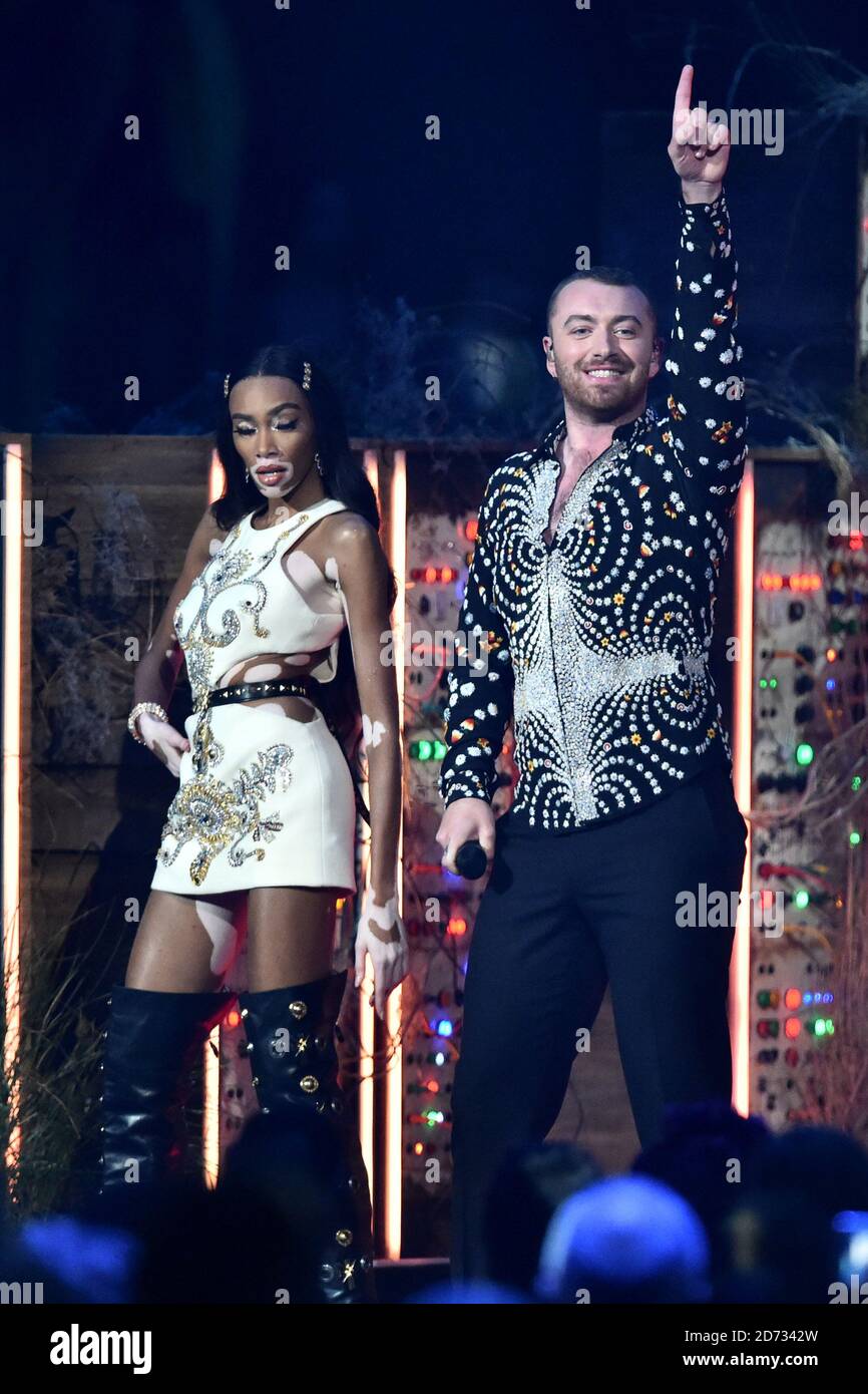 Winnie Harlow and Sam Smith on stage at the Brit Awards 2019 at the O2 ...