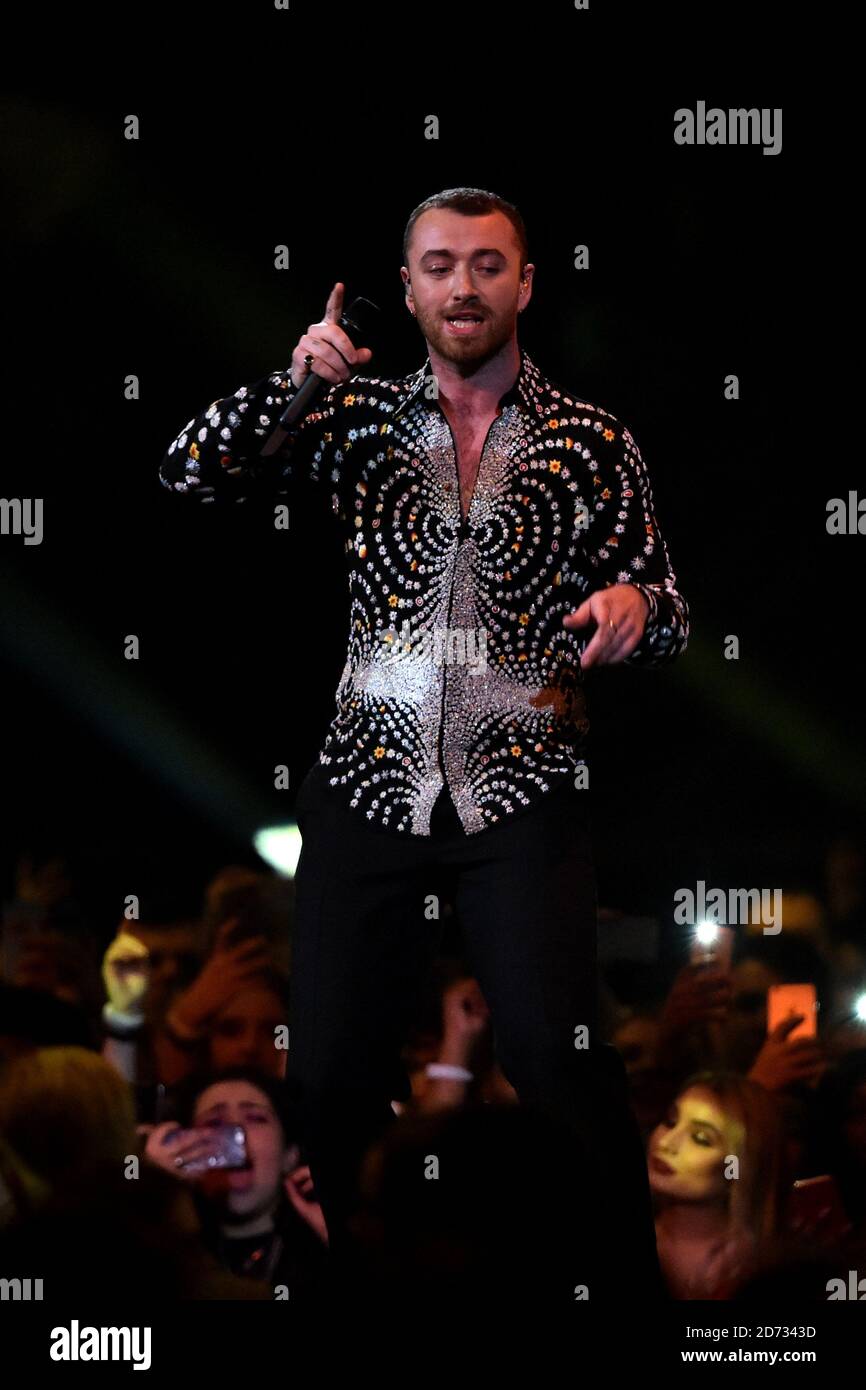 Sam Smith on stage at the Brit Awards 2019 at the O2 Arena, London ...
