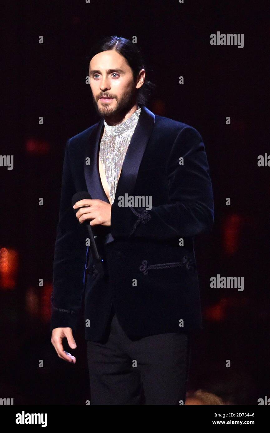 Jared Leto on stage at the Brit Awards 2019 at the O2 Arena, London. Photo credit should read ...