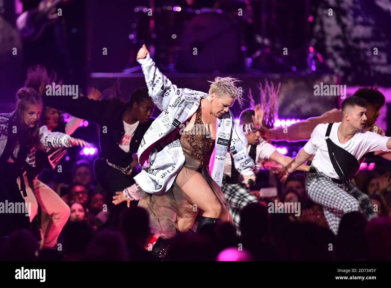 Pink on stage at the Brit Awards 2019 at the O2 Arena, London. Photo ...