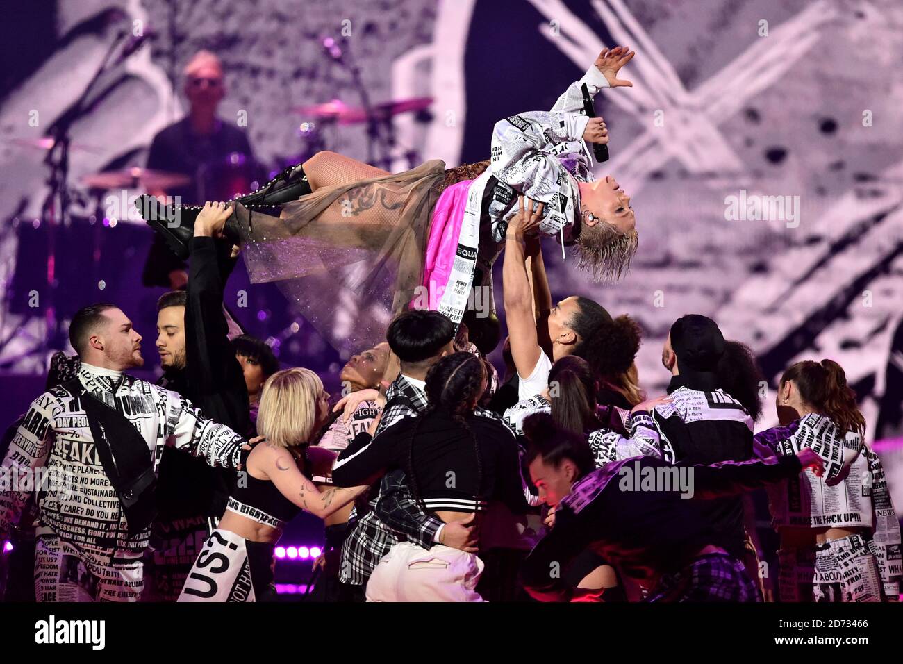 Pink on stage at the Brit Awards 2019 at the O2 Arena, London. Photo ...