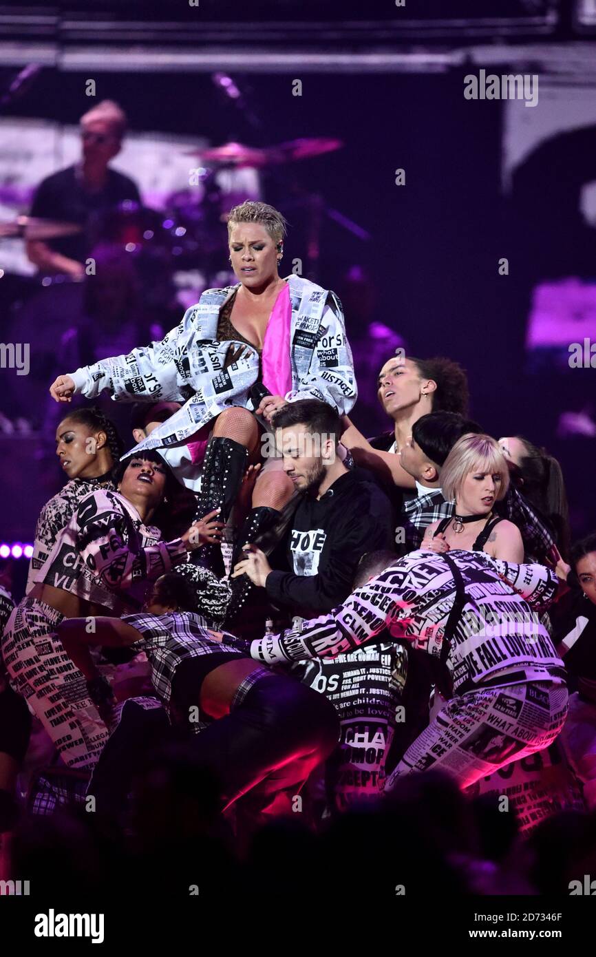 Pink on stage at the Brit Awards 2019 at the O2 Arena, London. Photo ...