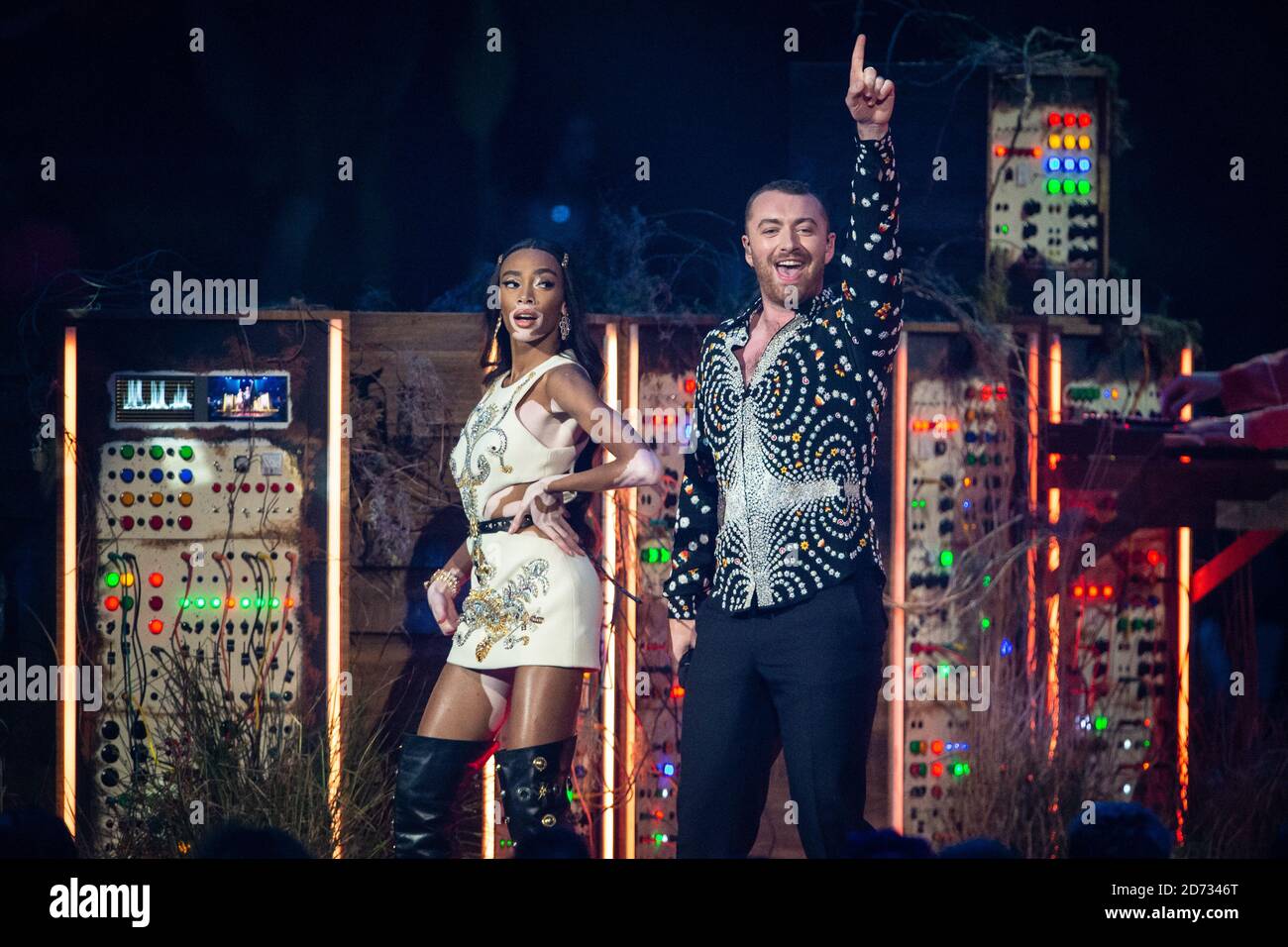 Winnie Harlow and Sam Smith on stage at the Brit Awards 2019 at the O2 ...