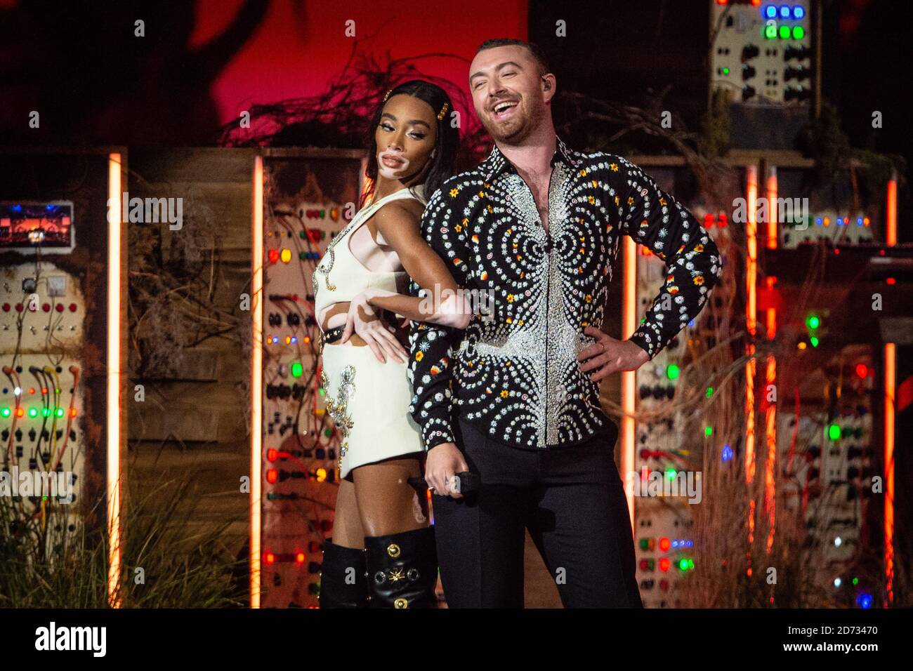 Winnie Harlow and Sam Smith on stage at the Brit Awards 2019 at the O2 ...