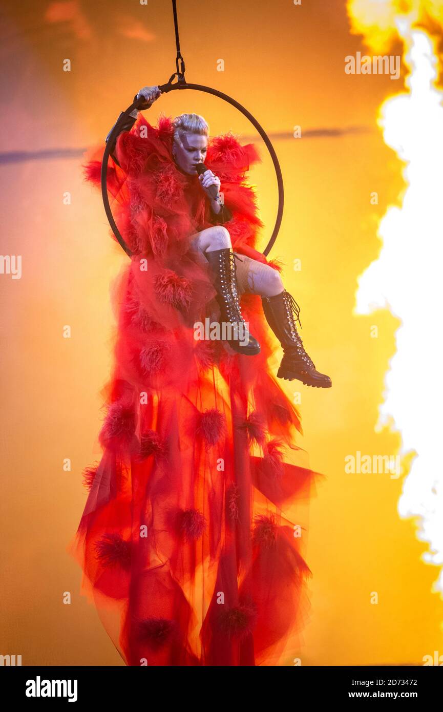 Pink on stage at the Brit Awards 2019 at the O2 Arena, London. Photo ...